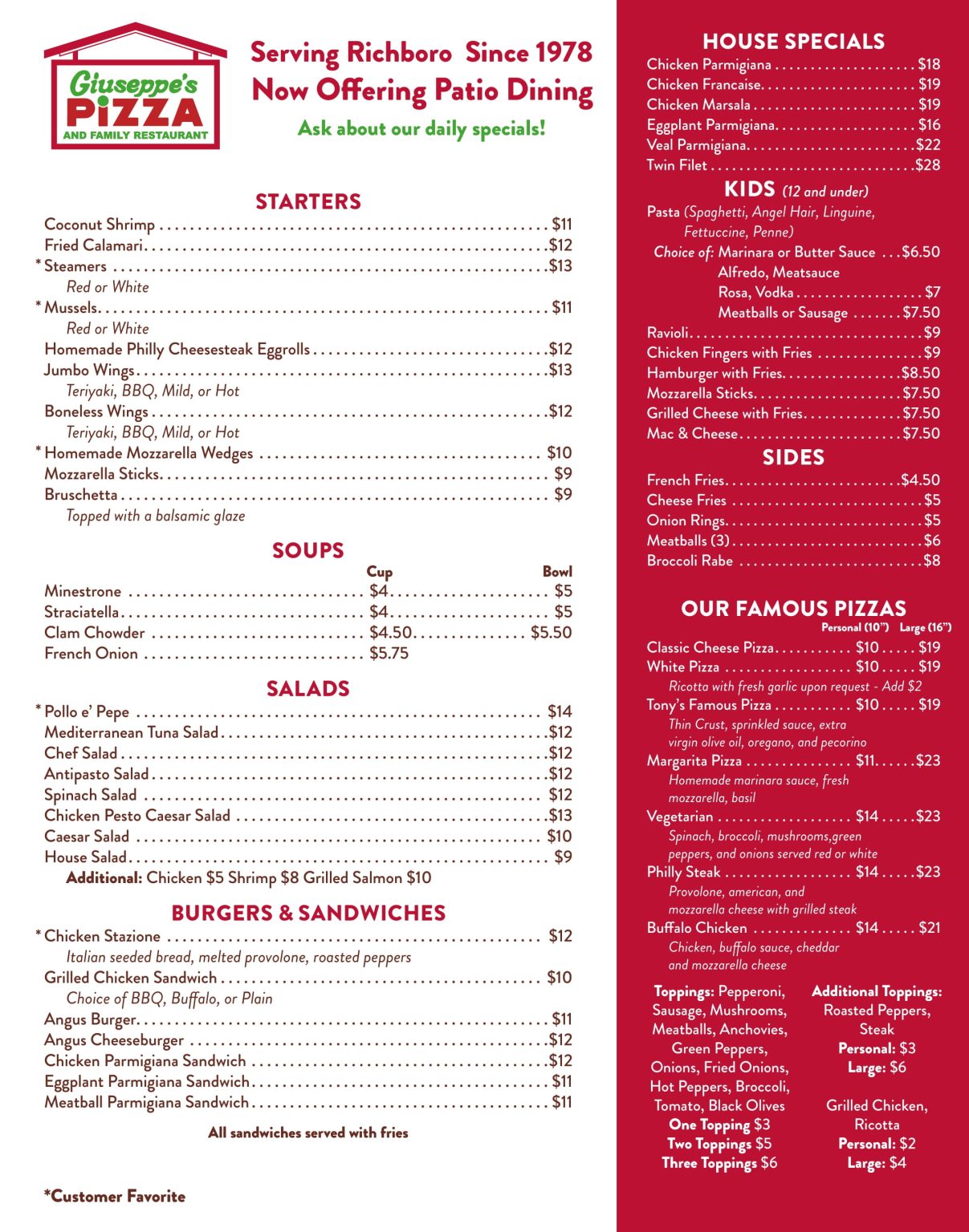Dine-In Menu – Giuseppe's Pizza – Richboro PA