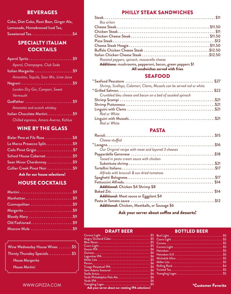 Dine-In Menu – Giuseppe's Pizza – Richboro PA
